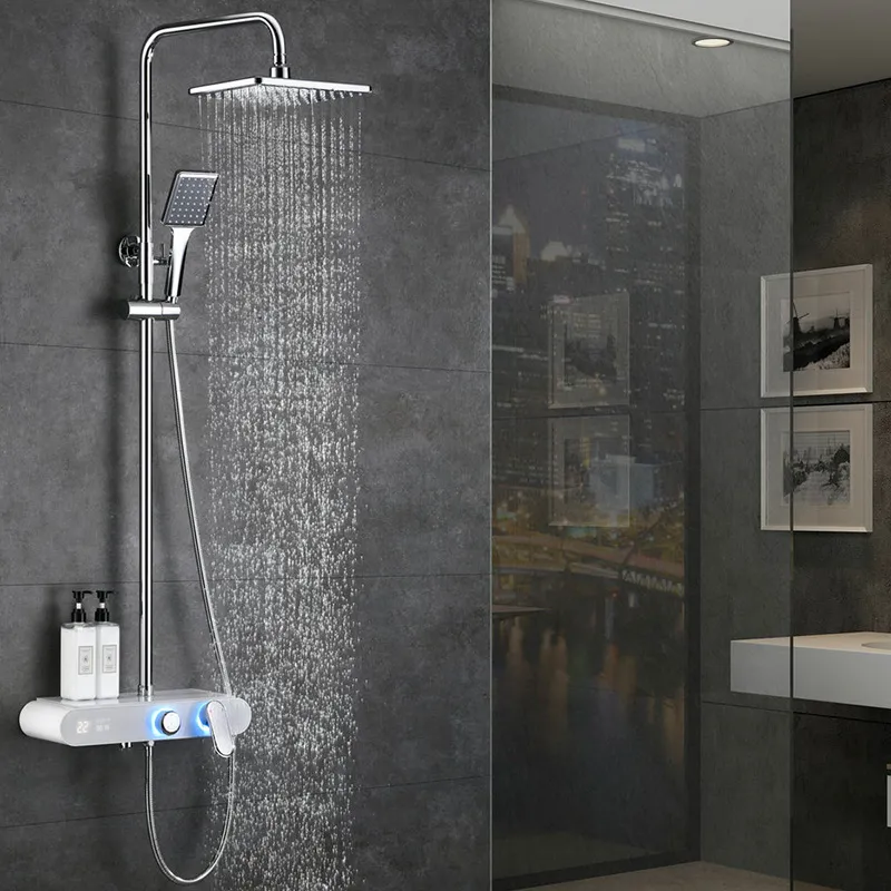 LCD surface-mounted shower mixer with a rain shower head F700W WHITE ...